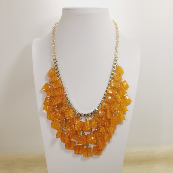 Jewelry | Orange Gold Tone Beaded Bid Statement Necklace | Poshmark